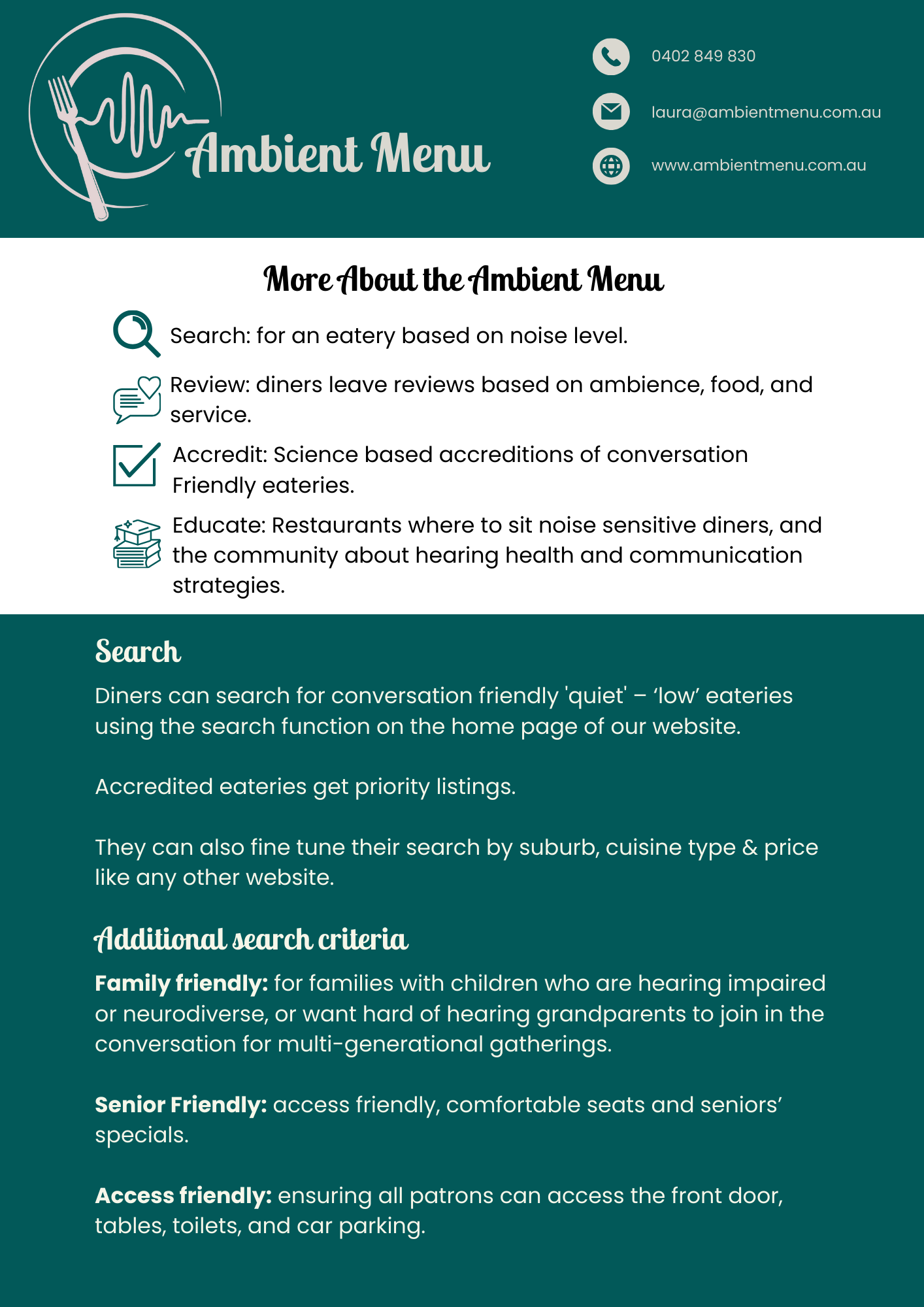 Food Blogger Information Pack - Ambient Menu