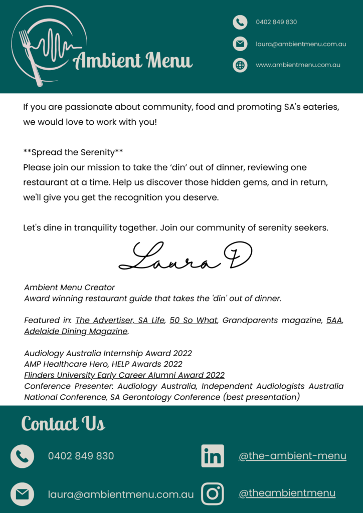 Food Blogger Information Pack - Ambient Menu